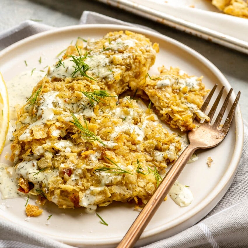 Crunchy Potato Chip Crusted Tilapia with Lemon Garlic Aioli - Fed & Fit